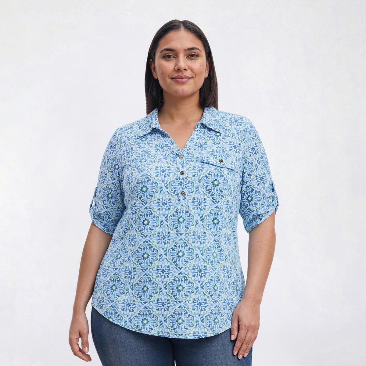 Click here for Plus Size Emily Daniels Elbow Sleeve Medallion Scr... prices